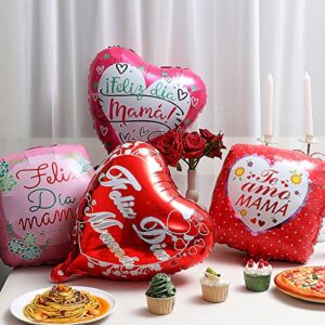 18 Pcs Mother's Day Party Balloons Set Aluminum Foil Happy Mother's Day Balloon Spanish Te Amo Mamá Red Heart Balloons for Mother's Day Party Birthday Decorations Supplies, 9 Styles