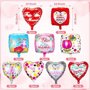 18 Pcs Mother's Day Party Balloons Set Aluminum Foil Happy Mother's Day Balloon Spanish Te Amo Mamá Red Heart Balloons for Mother's Day Party Birthday Decorations Supplies, 9 Styles