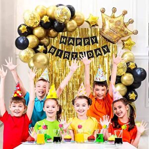 Black Gold Birthday Party Decoration Set, Including Happy Birthday Banner, Balloons, Metallic Fringe Curtain, Flower Pompoms, Golden Crown, Suit Perfect For Girls or Boys, Men or Women Birthday Party