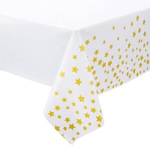 lcpcx 3-piece disposable plastic rectangle tablecloth,fitted table clothes for 6 foot and 8 foot tables,gold star pattern party decorations,54×108 inch,white (golden star)