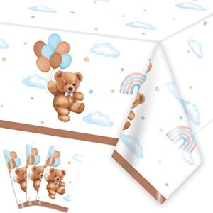 3 pieces teddy bear baby shower tablecloths plastic table cover, boho brown blue baby shower birthday party decorations supplies for boys kids large size 108×54 inch rectangular cute bear table cloth