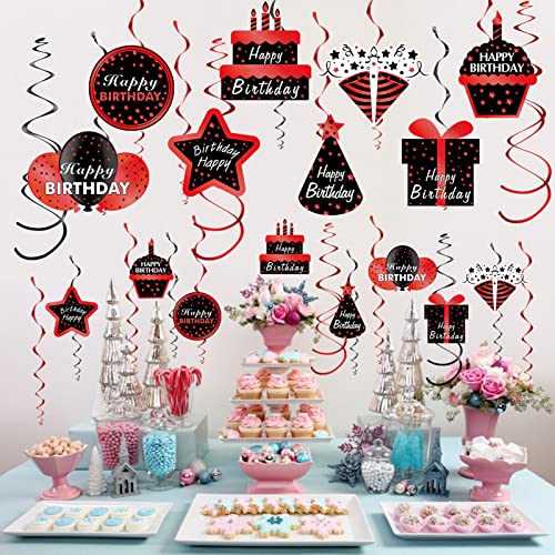 Red and Black Happy Birthday Decorations Hanging Swirls Party Supplies, 30Pcs Red Black Happy Birthday Foil Swirl Decor, 10th 16th 21st 30th 40th 50th 60th Ceiling Hanging Sign Decor