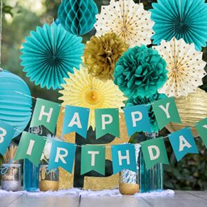 Teal Gold Birthday Party Decorations Teal Paper Fans Teal Gold Happy Birthday Banner Paper Pom Poms Flowers Baby Boy Birthday Baby Shower Women Birthday Turquoise Party Decorations