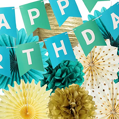 Teal Gold Birthday Party Decorations Teal Paper Fans Teal Gold Happy Birthday Banner Paper Pom Poms Flowers Baby Boy Birthday Baby Shower Women Birthday Turquoise Party Decorations