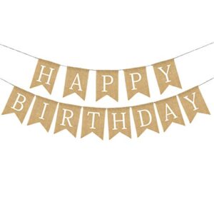 rustic happy birthday banner, reusable burlap garland birthday party decorations for adults white