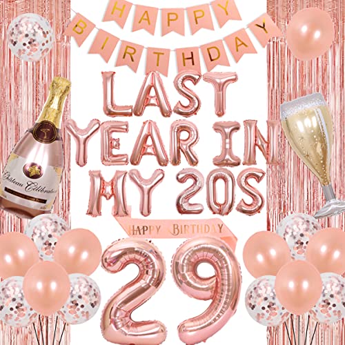 29th Birthday Decorations for Women Rose Gold - Last Year In My 20s Banner, Cheers to 29 Years Old Birthday Decor with Champagne Goblet Balloon, Number 29 Foil Balloons, Happy Birthday Sash