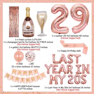 29th Birthday Decorations for Women Rose Gold - Last Year In My 20s Banner, Cheers to 29 Years Old Birthday Decor with Champagne Goblet Balloon, Number 29 Foil Balloons, Happy Birthday Sash