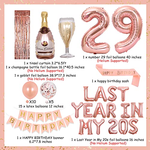 29th Birthday Decorations for Women Rose Gold - Last Year In My 20s Banner, Cheers to 29 Years Old Birthday Decor with Champagne Goblet Balloon, Number 29 Foil Balloons, Happy Birthday Sash