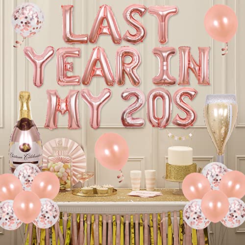 29th Birthday Decorations for Women Rose Gold - Last Year In My 20s Banner, Cheers to 29 Years Old Birthday Decor with Champagne Goblet Balloon, Number 29 Foil Balloons, Happy Birthday Sash