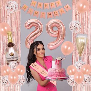 29th Birthday Decorations for Women Rose Gold - Last Year In My 20s Banner, Cheers to 29 Years Old Birthday Decor with Champagne Goblet Balloon, Number 29 Foil Balloons, Happy Birthday Sash