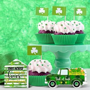 3 Pcs St. Patrick's Day Table Wooden Signs St. Patrick's Table Decoration Lucky Sign Shamrocks Green Truck Irish Themed Table Centerpiece for St. Patrick's Day Party Home Table Decor (Novelty Style)