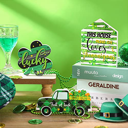 3 Pcs St. Patrick's Day Table Wooden Signs St. Patrick's Table Decoration Lucky Sign Shamrocks Green Truck Irish Themed Table Centerpiece for St. Patrick's Day Party Home Table Decor (Novelty Style)