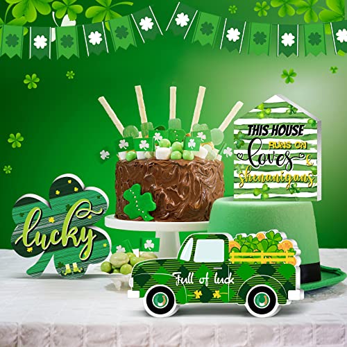 3 Pcs St. Patrick's Day Table Wooden Signs St. Patrick's Table Decoration Lucky Sign Shamrocks Green Truck Irish Themed Table Centerpiece for St. Patrick's Day Party Home Table Decor (Novelty Style)