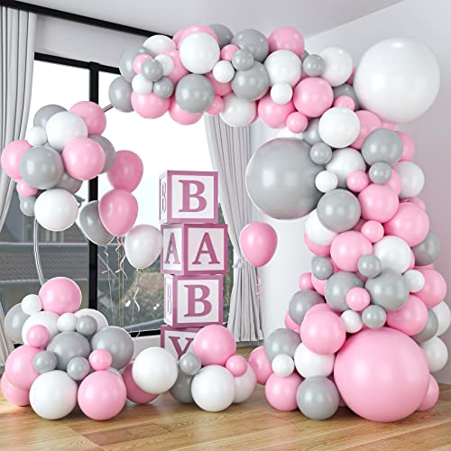 Grey and Pink Balloon Garland Arch Kit, 113Pcs Grey Pink White Latex Balloons for Baby Shower Wedding Birthday Graduation Anniversary Bachelorette Party Background Decoration