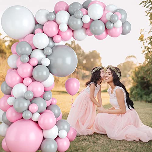 Grey and Pink Balloon Garland Arch Kit, 113Pcs Grey Pink White Latex Balloons for Baby Shower Wedding Birthday Graduation Anniversary Bachelorette Party Background Decoration