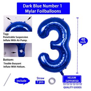 Giant 40 Inch Hot Blue Number 3 Balloon 3rd Birthday Balloons Boy and Girls | Royal Blue 3 Balloon for 3rd Birthday Decors for Boys and Girls Big 3 Balloon for Baby Shark Birthday Party Graduations