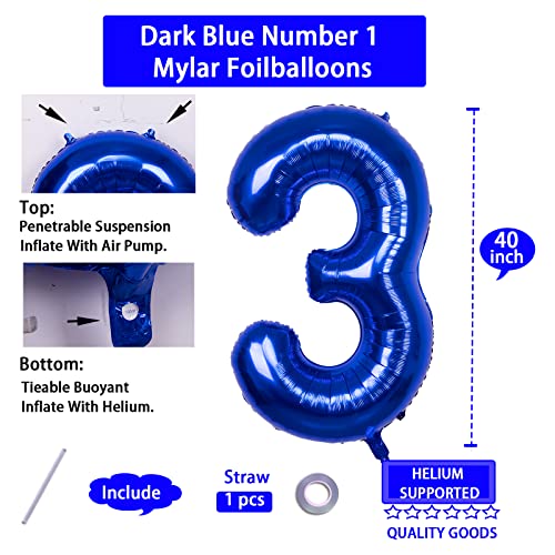 Giant 40 Inch Hot Blue Number 3 Balloon 3rd Birthday Balloons Boy and Girls | Royal Blue 3 Balloon for 3rd Birthday Decors for Boys and Girls Big 3 Balloon for Baby Shark Birthday Party Graduations