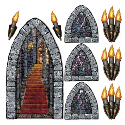 Medieval Party Decorations with Castle Decorations including Castle Door with Drawbridge, Windows, Stone Stairway, and Torch Props - For Birthday, Halloween, Medieval, Renaissance Knight Castle Party