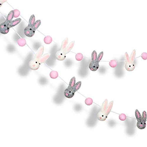 pinkblume Easter Felt Garland Wool Rabbit Pom Pom Banner,Handmade Bunny Ball Garland for Easter Holiday Baby Shower/Some Bunny is One/Nursery Decorations/Wall Hanging Decor(White/Pink/Grey)