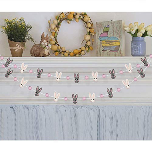 pinkblume Easter Felt Garland Wool Rabbit Pom Pom Banner,Handmade Bunny Ball Garland for Easter Holiday Baby Shower/Some Bunny is One/Nursery Decorations/Wall Hanging Decor(White/Pink/Grey)