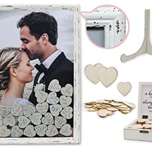 PMPX Wedding Guest Book Alternative Vintage Drop Top Frame with Stand, 90 Wood Hearts, Matching Box with Message Inside The Lid. Weddings, Bridal or Baby Shower, Anniversary, or Special Event.