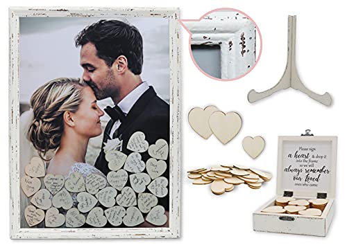 PMPX Wedding Guest Book Alternative Vintage Drop Top Frame with Stand, 90 Wood Hearts, Matching Box with Message Inside The Lid. Weddings, Bridal or Baby Shower, Anniversary, or Special Event.