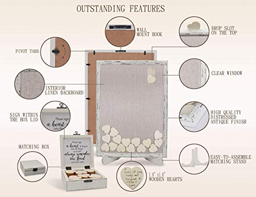 PMPX Wedding Guest Book Alternative Vintage Drop Top Frame with Stand, 90 Wood Hearts, Matching Box with Message Inside The Lid. Weddings, Bridal or Baby Shower, Anniversary, or Special Event.