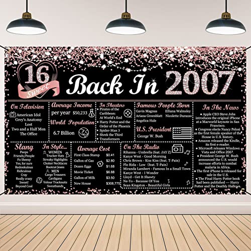 Vlipoeasn Sweet 16 Birthday Decorations for Girls, Rose Gold and Black Glitter Back in 2007 Birthday Backdrop Banner, 70.86 x 43.3Inch Pink 16 Years Old Party Poster Supplies