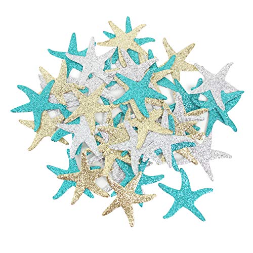 Mybbshower Glitter Paper Starfish Confetti for Birthday Party Table Scatter Beach Theme Party Wedding Decorations DIY Crafts Pack of 150 (teal gold silver)