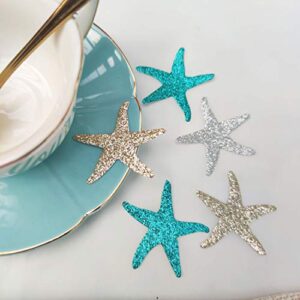 Mybbshower Glitter Paper Starfish Confetti for Birthday Party Table Scatter Beach Theme Party Wedding Decorations DIY Crafts Pack of 150 (teal gold silver)