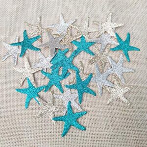 Mybbshower Glitter Paper Starfish Confetti for Birthday Party Table Scatter Beach Theme Party Wedding Decorations DIY Crafts Pack of 150 (teal gold silver)