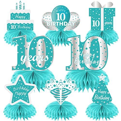 Yoaokiy Teal 10 Year Old Birthday Decorations Honeycomb Centerpieces, 8Pcs Breakfast Blue Happy Table Sign Party Supplies for Girl, Sweet 10th Bday Topper Decor (1987Y11291)