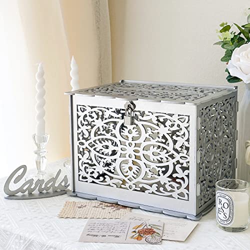 OurWarm Silver Wedding Card Box for Wedding Reception, Wooden Card Boxes with Lock, PVC Gift Card Box Money Holder for Reception Anniversary Shower Rustic Wedding Decorations Birthday Graduation