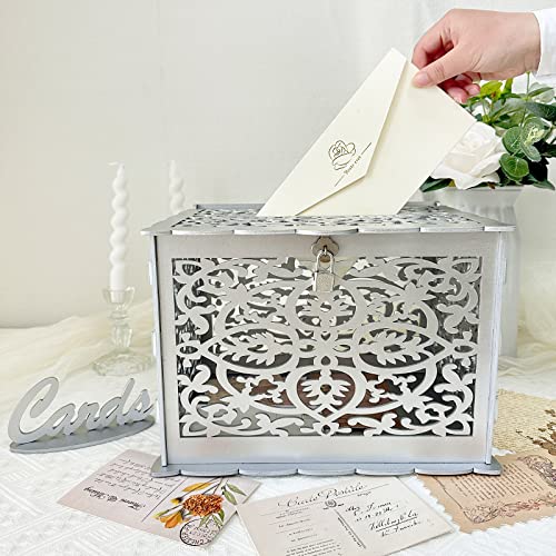 OurWarm Silver Wedding Card Box for Wedding Reception, Wooden Card Boxes with Lock, PVC Gift Card Box Money Holder for Reception Anniversary Shower Rustic Wedding Decorations Birthday Graduation