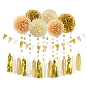 white gold champagne party decorations – 23pcs tissue pom poms streamers,christmas wedding engagement tassel garland banner,bachelorette neutral birthday baby bridal shower decor lasting surprise