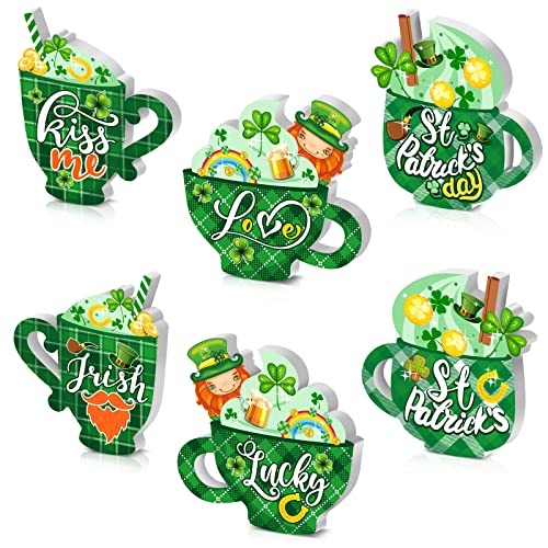 3 Pieces St. Patrick's Day Wooden Coffee Sign Double Side Coffee Cup Table Sign Irish Themed Tabletop Centerpiece Signs Shamrock Gold Coins Wooden Sign for St Patrick's Day Gift Party Home Decor