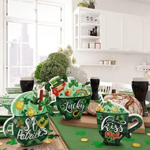 3 Pieces St. Patrick's Day Wooden Coffee Sign Double Side Coffee Cup Table Sign Irish Themed Tabletop Centerpiece Signs Shamrock Gold Coins Wooden Sign for St Patrick's Day Gift Party Home Decor