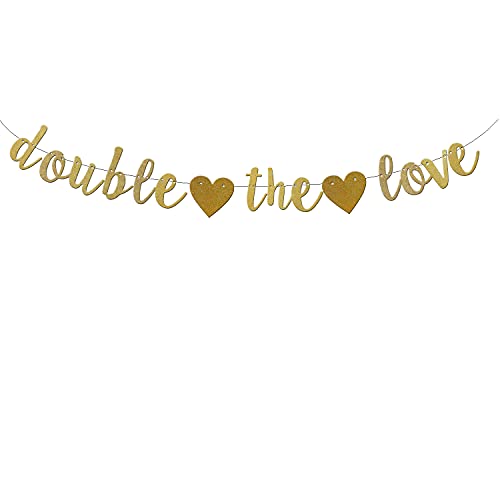 QWLQIAO Double The Love Banner,Twins Baby Shower Party Decor,Props, Twins Birthday/Engagement/Wedding Party ,Gold Gliter Paper Sign