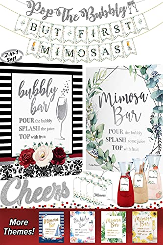 Elegant Mimosa Bubbly Bar Kit - Black and White Champagne Brunch Decorations for Birthday Galentine's Day Bridal Brunch Baby Shower Supplies Red Wine Women Adult Games, Silver Bubble Banner Sign (Red)