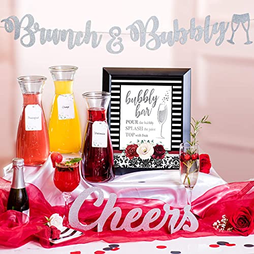 Elegant Mimosa Bubbly Bar Kit - Black and White Champagne Brunch Decorations for Birthday Galentine's Day Bridal Brunch Baby Shower Supplies Red Wine Women Adult Games, Silver Bubble Banner Sign (Red)