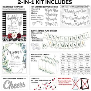 Elegant Mimosa Bubbly Bar Kit - Black and White Champagne Brunch Decorations for Birthday Galentine's Day Bridal Brunch Baby Shower Supplies Red Wine Women Adult Games, Silver Bubble Banner Sign (Red)