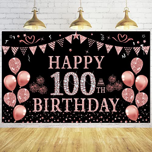 Trgowaul 100th Birthday Decorations for Women - Rose Gold 100th Birthday Backdrop Banner, Happy 100th Birthday Party Supplies, Pink 100 Years Old Birthday Sign Poster Photography Background Decor