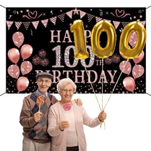 Trgowaul 100th Birthday Decorations for Women - Rose Gold 100th Birthday Backdrop Banner, Happy 100th Birthday Party Supplies, Pink 100 Years Old Birthday Sign Poster Photography Background Decor