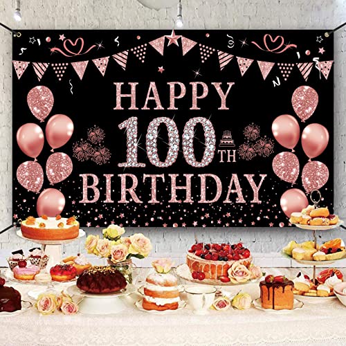 Trgowaul 100th Birthday Decorations for Women - Rose Gold 100th Birthday Backdrop Banner, Happy 100th Birthday Party Supplies, Pink 100 Years Old Birthday Sign Poster Photography Background Decor