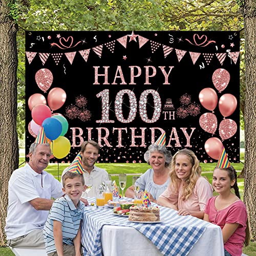 Trgowaul 100th Birthday Decorations for Women - Rose Gold 100th Birthday Backdrop Banner, Happy 100th Birthday Party Supplies, Pink 100 Years Old Birthday Sign Poster Photography Background Decor