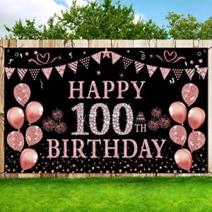 Trgowaul 100th Birthday Decorations for Women - Rose Gold 100th Birthday Backdrop Banner, Happy 100th Birthday Party Supplies, Pink 100 Years Old Birthday Sign Poster Photography Background Decor