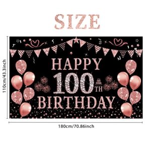 Trgowaul 100th Birthday Decorations for Women - Rose Gold 100th Birthday Backdrop Banner, Happy 100th Birthday Party Supplies, Pink 100 Years Old Birthday Sign Poster Photography Background Decor