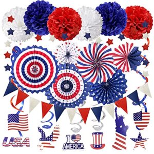 zerodeco usa party supplies, navy blue red paper fans set pom poms star streamer hanging swirls usa flag for 4th of july day patriotic decorations birthday wedding graduation independence day