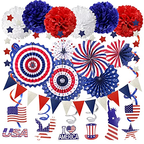 ZERODECO USA Party Supplies, Navy Blue Red Paper Fans Set Pom Poms Star Streamer Hanging Swirls USA Flag for 4th of July Day Patriotic Decorations Birthday Wedding Graduation Independence Day