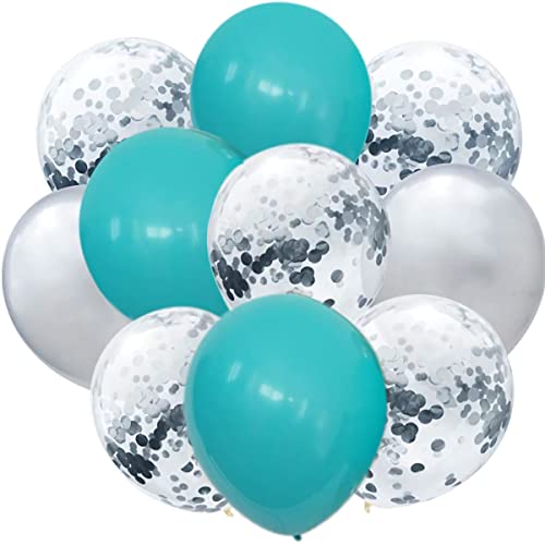 60 Pack 12 Inch Teal Blue Silver Balloons Sequins Confetti Balloon Garland Bouquets for Teal Baby Shower Wedding Arch Birthday Bachelorette Bridal Shower Party Decoration